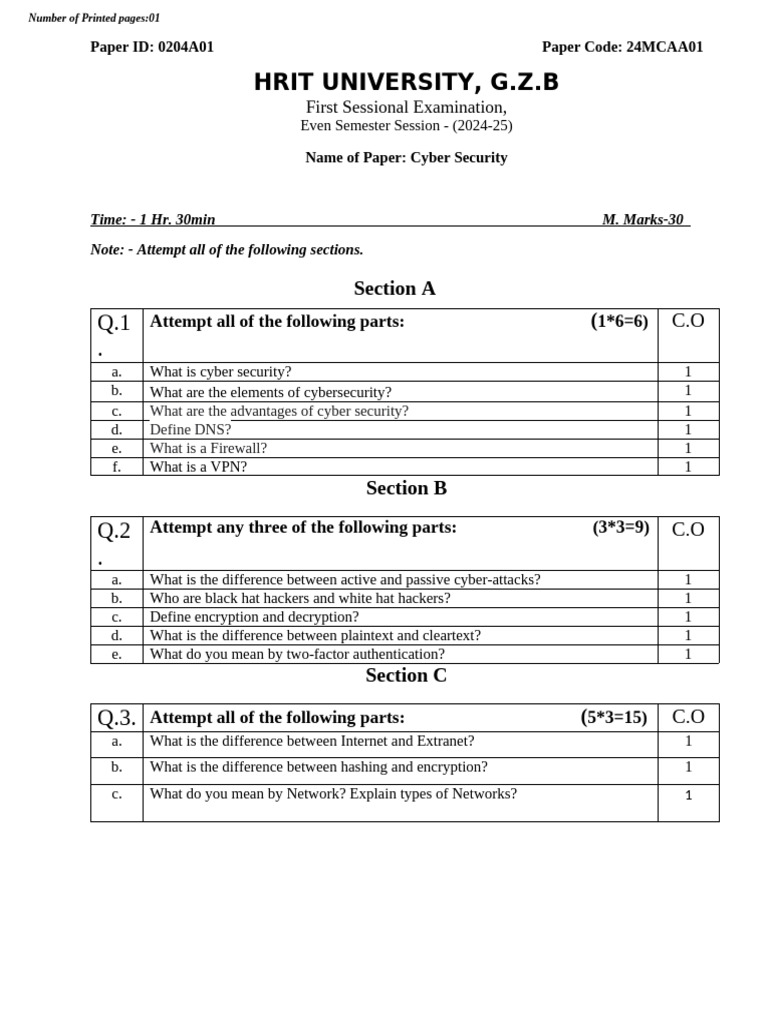 Cyber Security Paper First (Mca) | PDF | Security | Computer Security