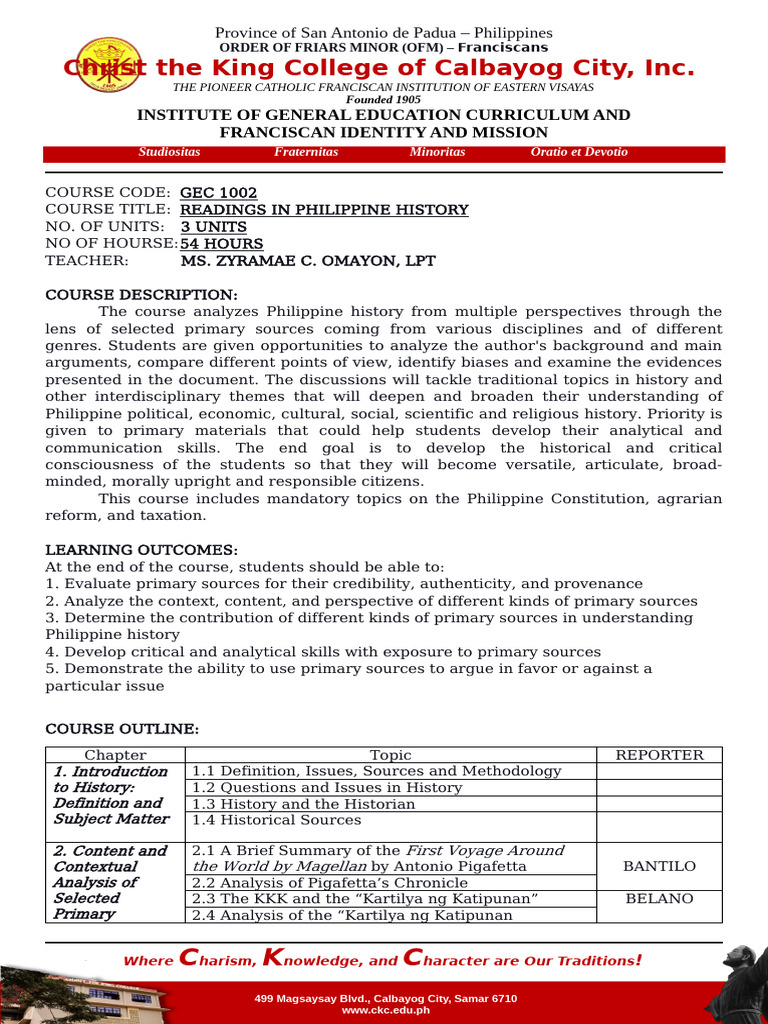 GEC 1002 Course Outline BSCS 1A | PDF | Quiz | Philippines