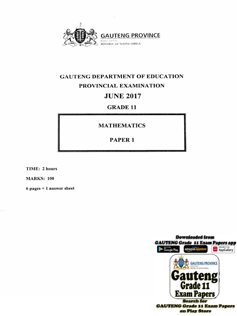 2017 Grade 11 Mid Year Exam June Math Paper 1 | PDF