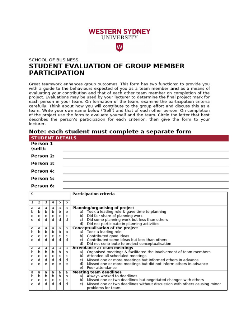 Student Evaluation of Group Members | PDF | Social Psychology ...