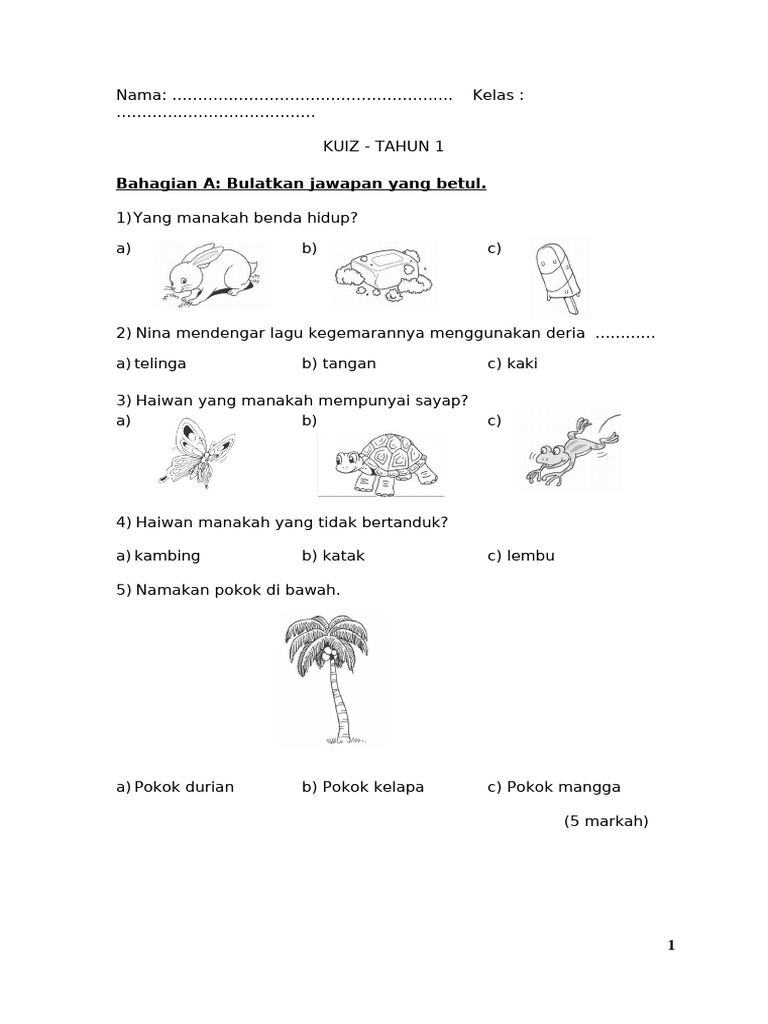 Kuiz Sains Tahun 1 | PDF