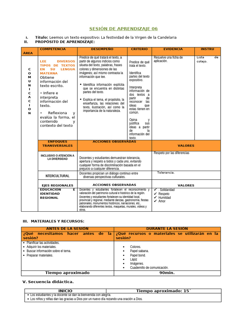 SESION 06 Leemos El Texto Expositivo Sobre La Festividad de La Virgen de La Candelaria. | PDF ...