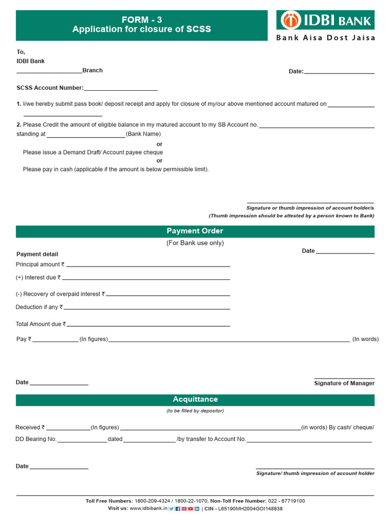 SCSS Account Closure Application Form | PDF | Payments | Cheque