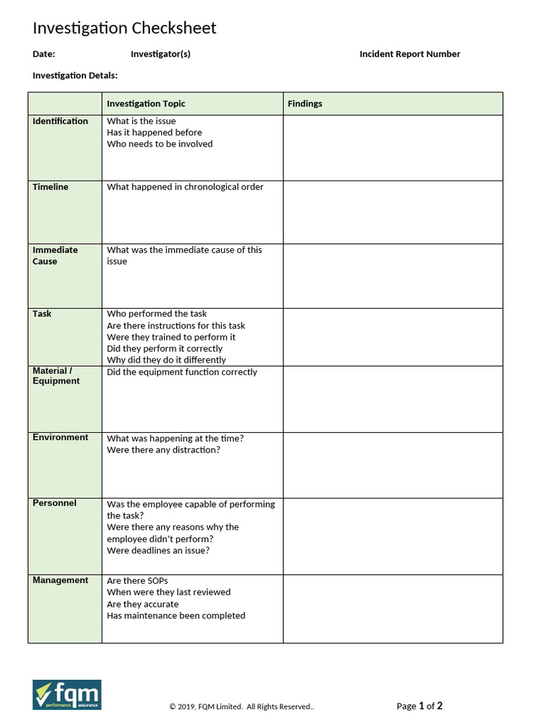 Investigation Checksheet | PDF