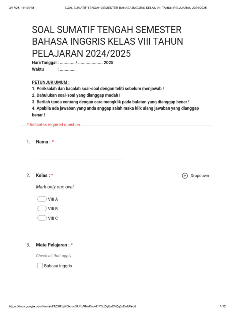 STS Kelas VIII Bing 2024-2025 - Google Forms | PDF | Zoology