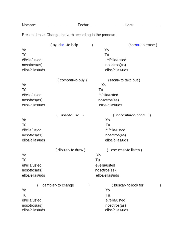 Week 3 AR Verb Chart | PDF