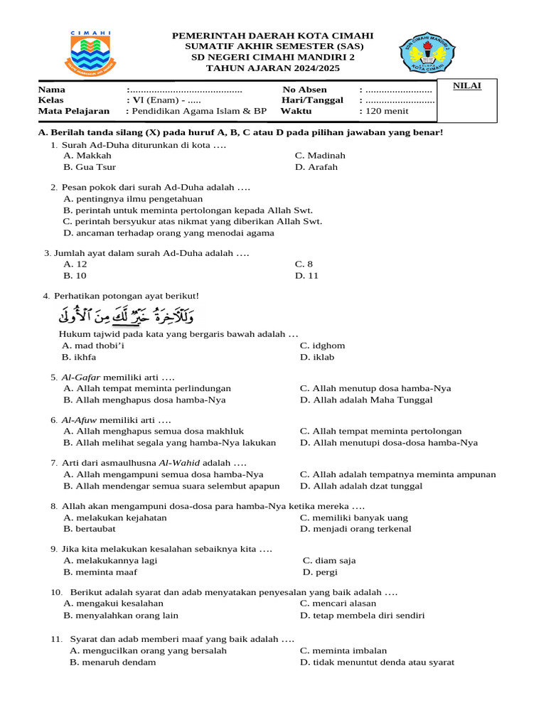 Soal Sas Kelas 6 Pai Kuri Merdeka | PDF