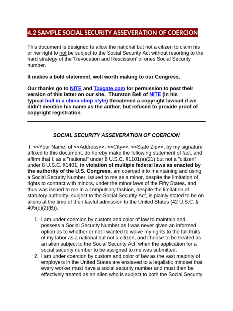 Social Security Asseveration of Coercion | PDF | Citizenship | Taxes