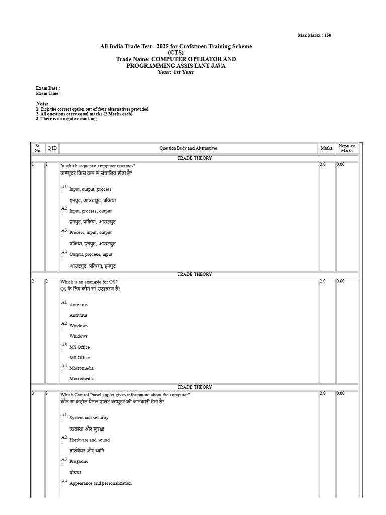 COMPUTER OPERATOR AND PROGRAMMING ASSISTANT JAVA Set 1 | PDF