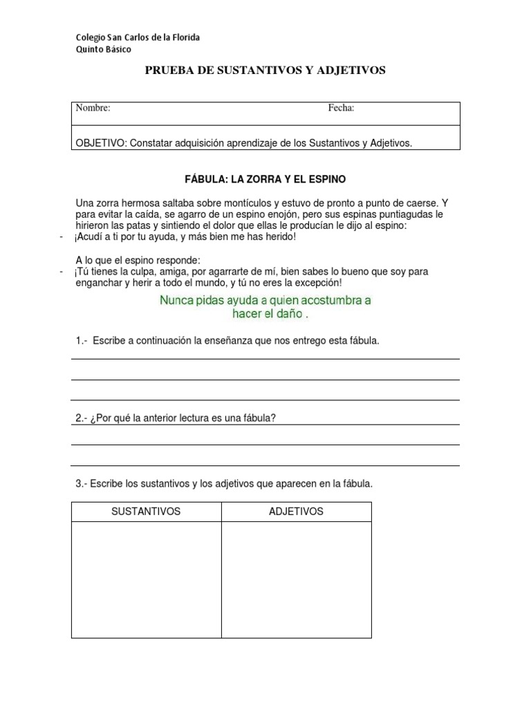 Prueba de Sustantivos y Adjetivos | PDF | Artes del Lenguaje y Comunicación