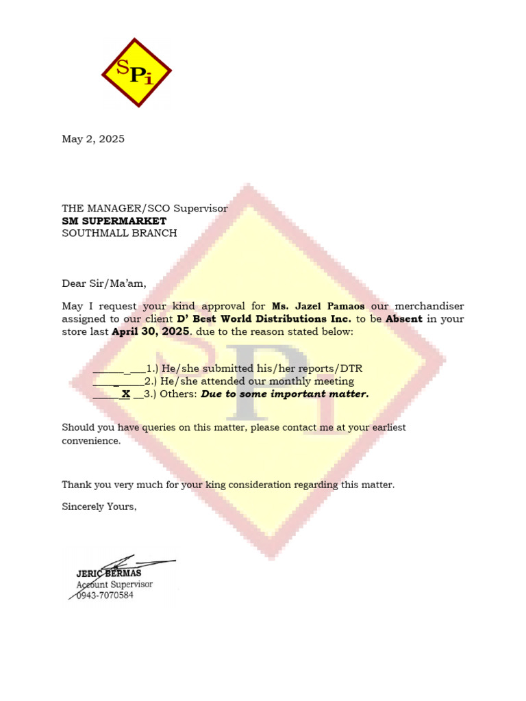 J-Pamaos-SPI_DBWP-Holiday-Excuse-letter-for-LP_Southmall | PDF