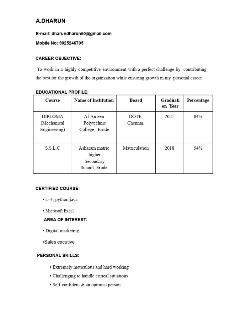 A.Dharun: Course Name of Institution Board Graduati On Year Percentage ...