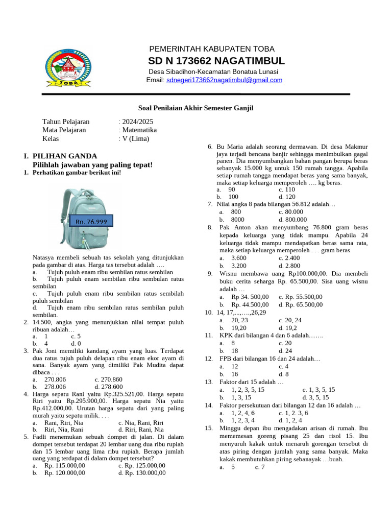 NASKAH SOAL MATEMATIKA KELAS 5 Real | PDF