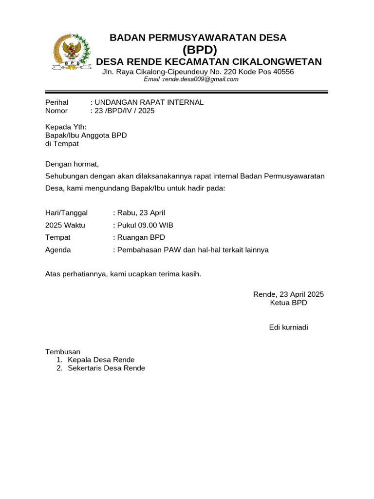 Undangan Rapat Internal BPD Rende | PDF