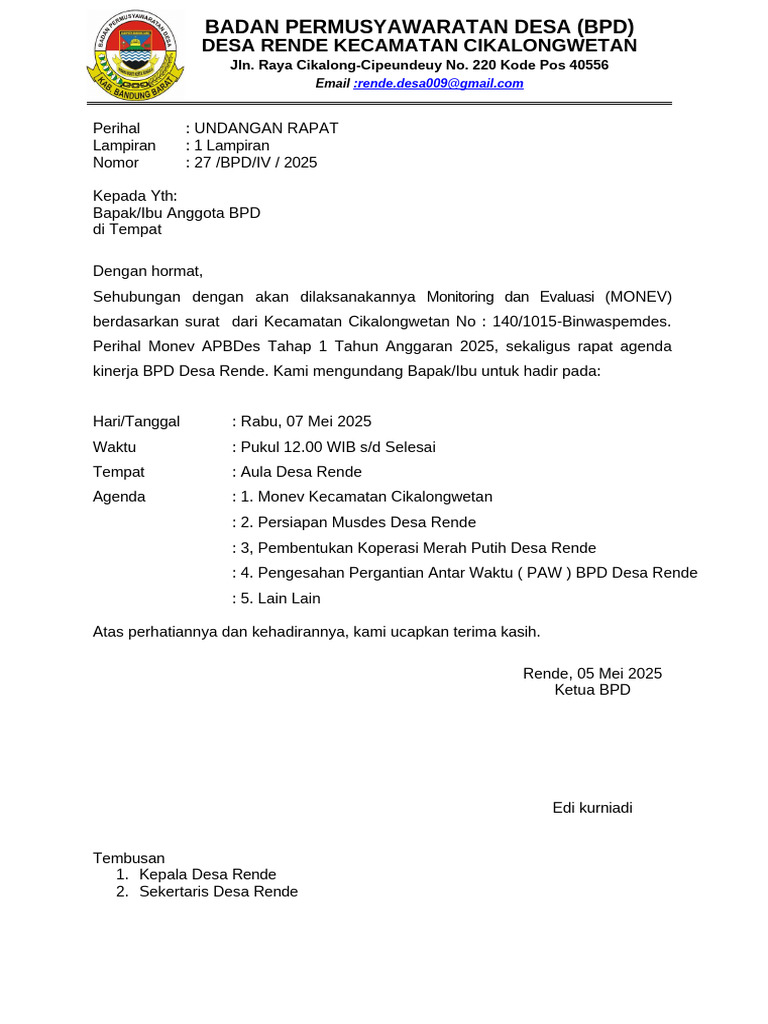 Undangan Rapat BPD Desa Rende | PDF