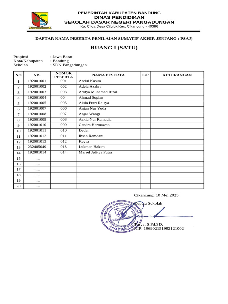 Format Daftar Peserta Ujian Sekolah | PDF