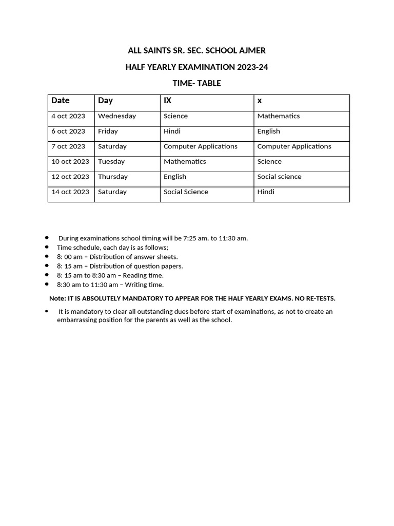 Classs 9 and 10 (Half Yearly Time Table) | PDF