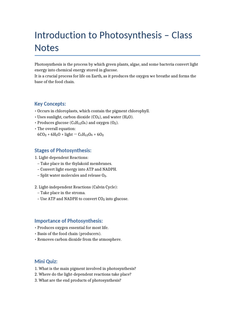 Photosynthesis Class Notes | PDF
