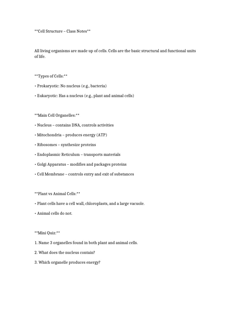 Cell Structure Class Notes | PDF