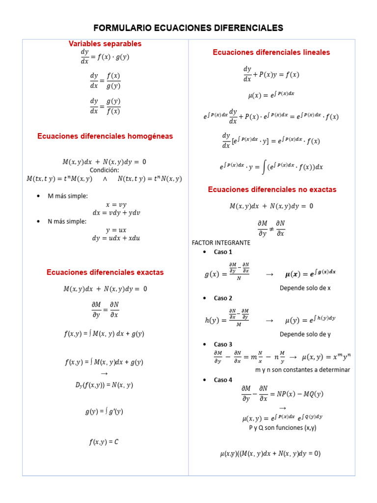 Formulario Ecuaciones Dif | PDF | Integral | Ecuaciones