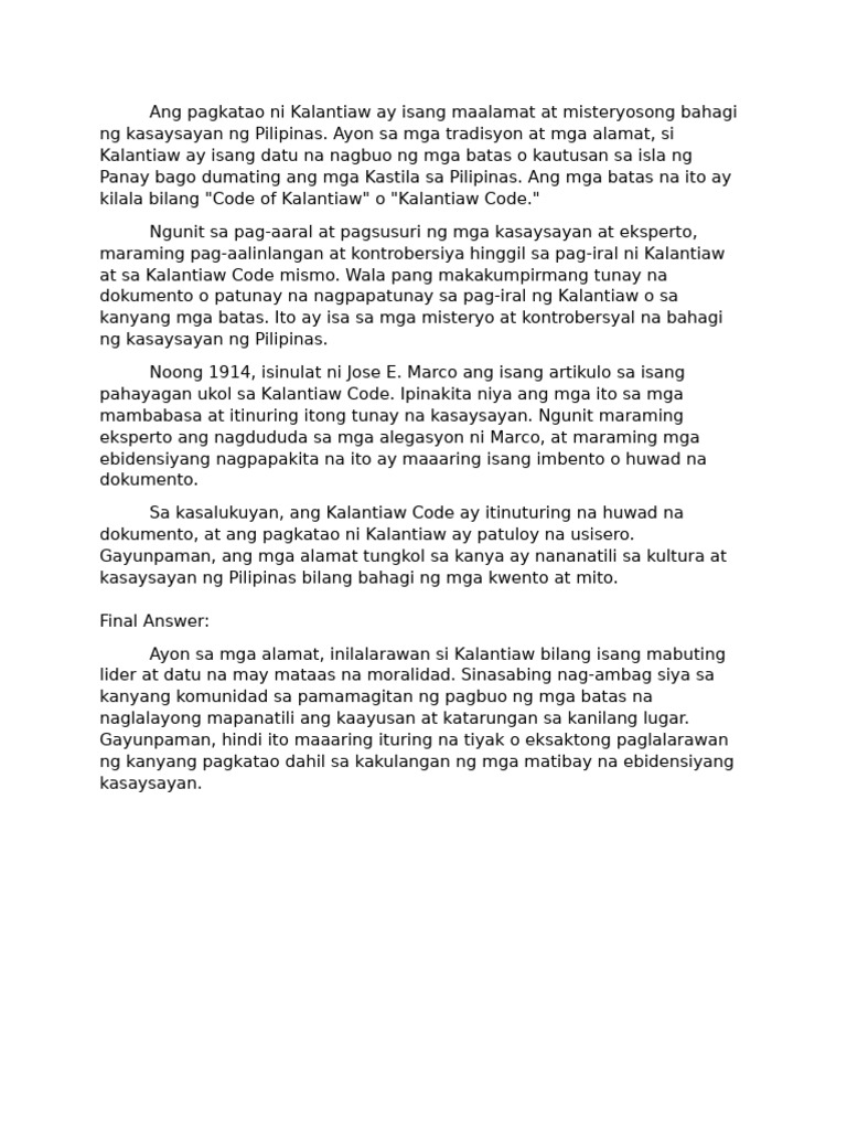 Ang Pagkatao Ni Kalantiaw Ay Isang Maalamat at Misteryosong Bahagi NG Kasaysayan NG Pilipinas | PDF
