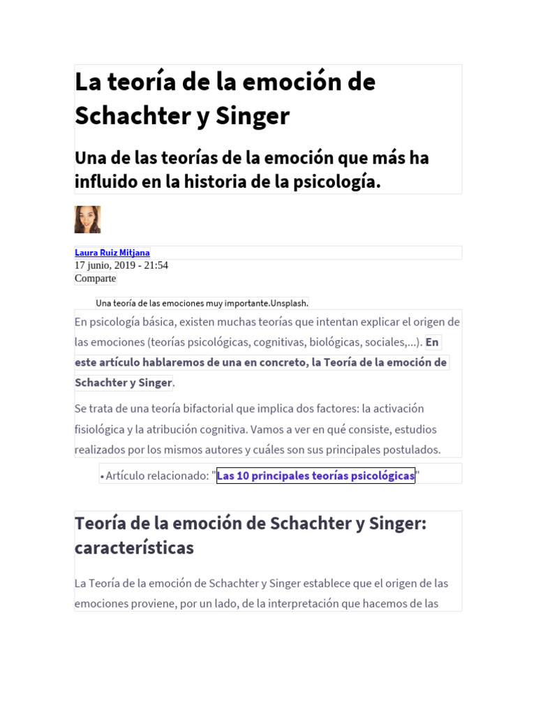 La Teoría de La Emoción de Schachter y Singer | PDF | Las emociones ...