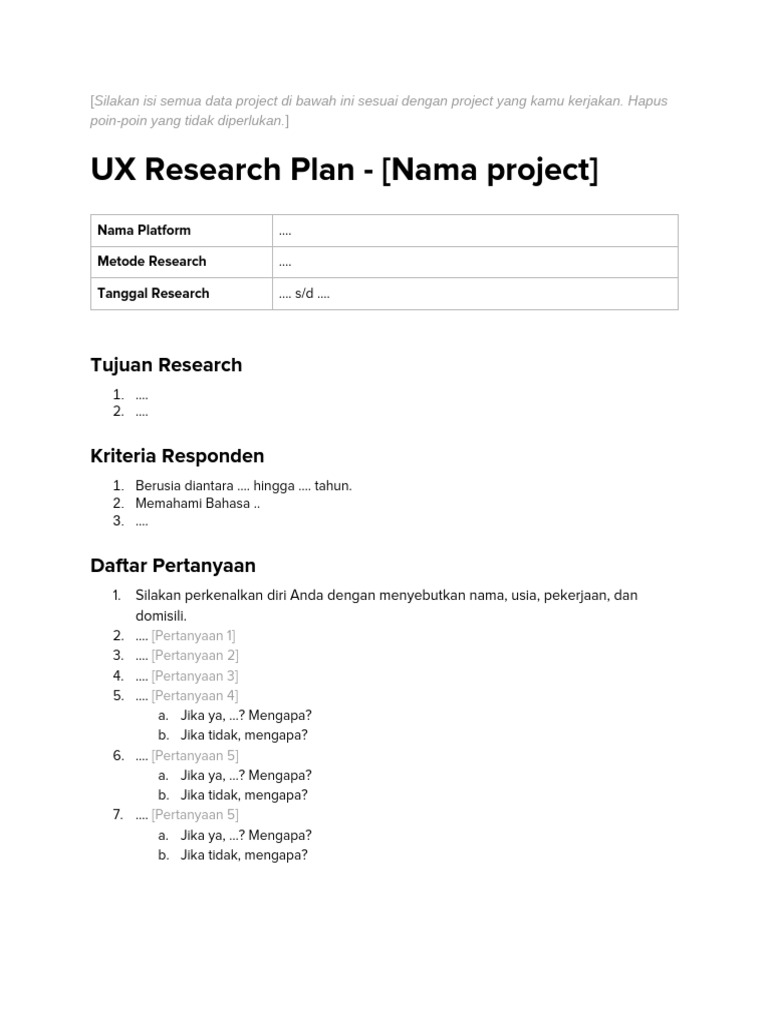 UX Research Plan (Template) | PDF