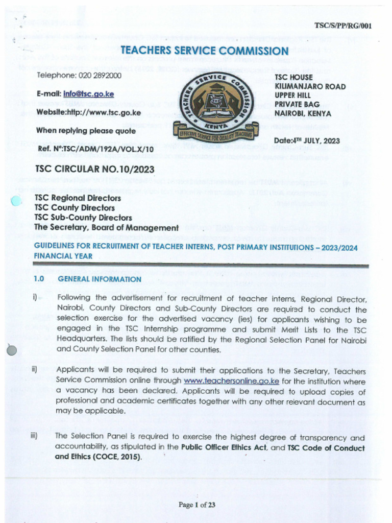 Guidelines For Recruitment Of Teacher Interns Post Primary Institutions