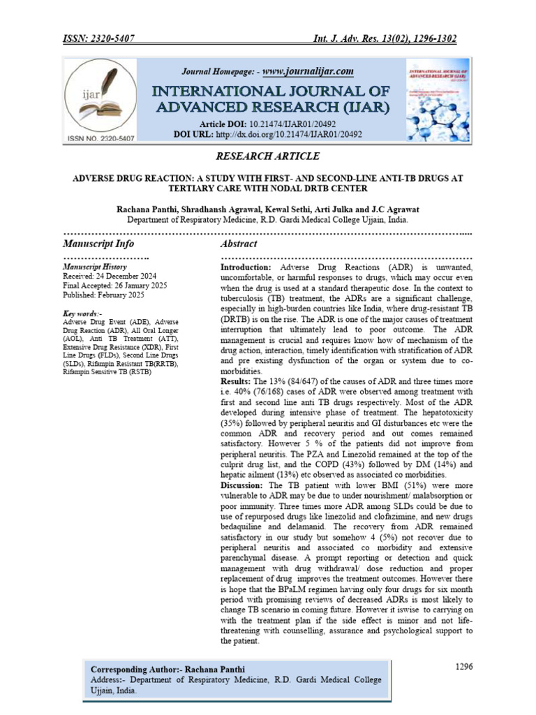 Adverse Drug Reaction: A Study With First - and Second-Line Anti-Tb ...