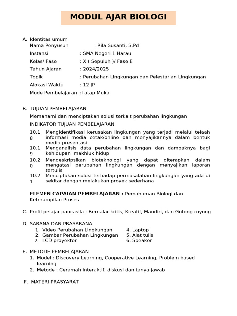 Modul Biologi Kelas X (Perubahan Lingkungan) | PDF