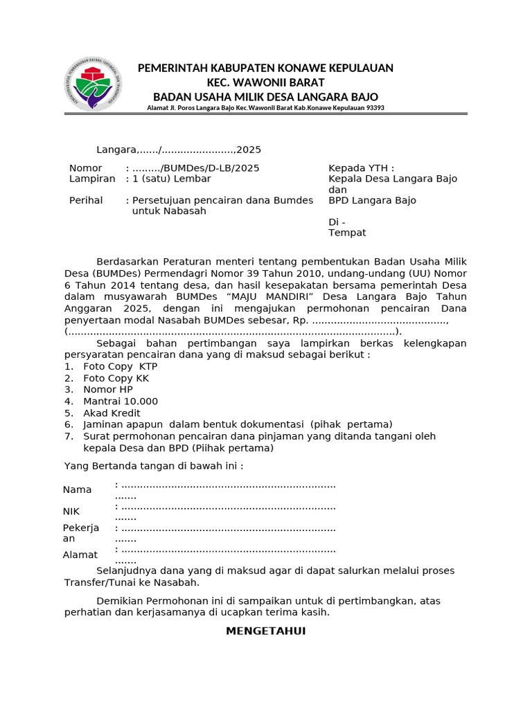 Surat Permohonan Pencairan Dana Bumdes | PDF