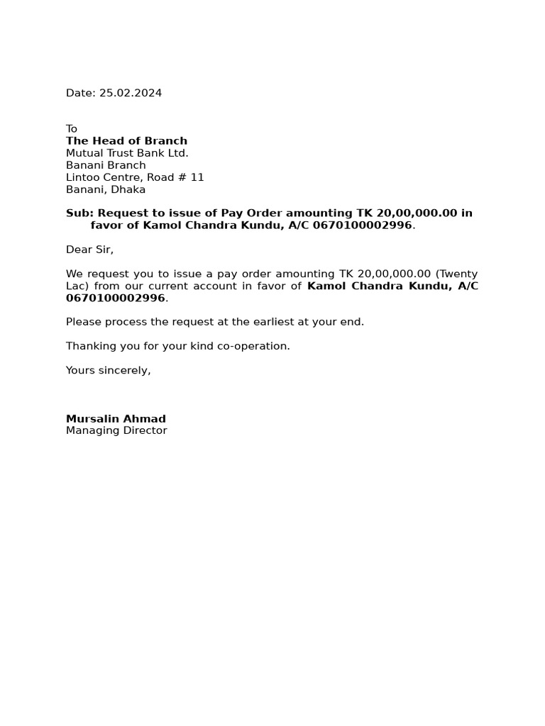 Pay Order Issur Letter | PDF