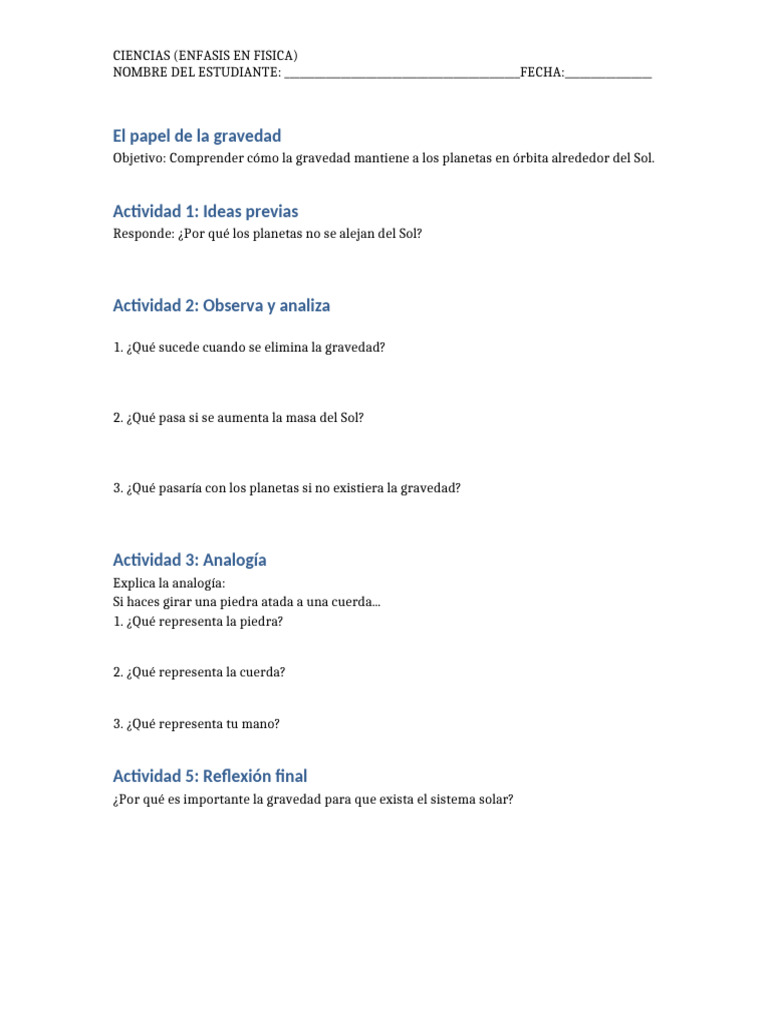 Hoja de Trabajo Gravedad y Orbitas | PDF
