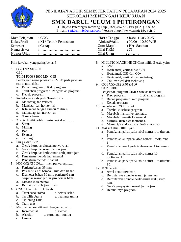 SOAL CNC KELAS XI TPM | PDF