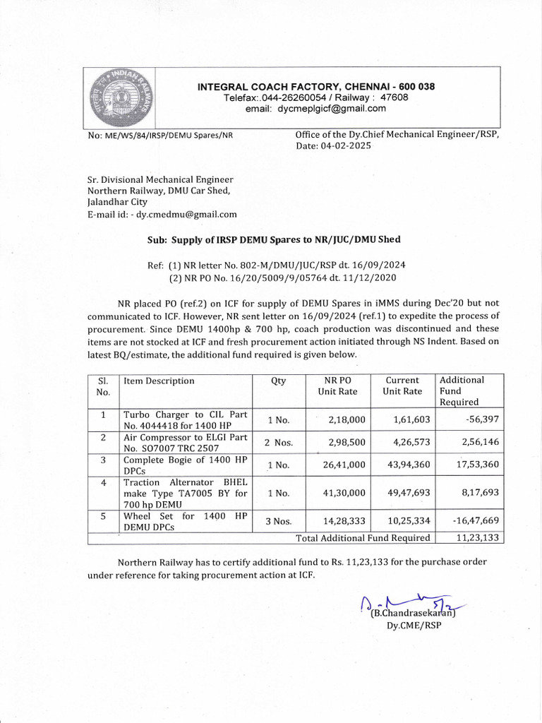 AFR 2025-02-04 NR JUC DEMU Spares Addl Fund Reqt | PDF | Land Vehicles | Land Transport