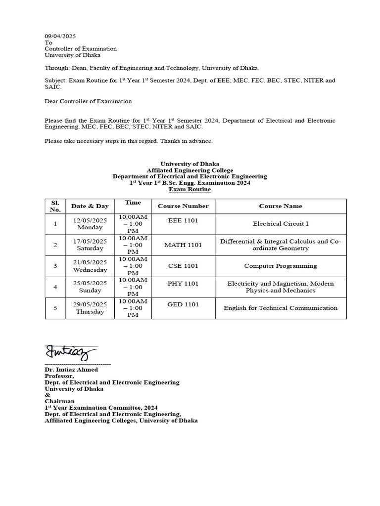 Exam Routine Y1S1 EEE 2024 | PDF | Physical Sciences | Electromagnetism