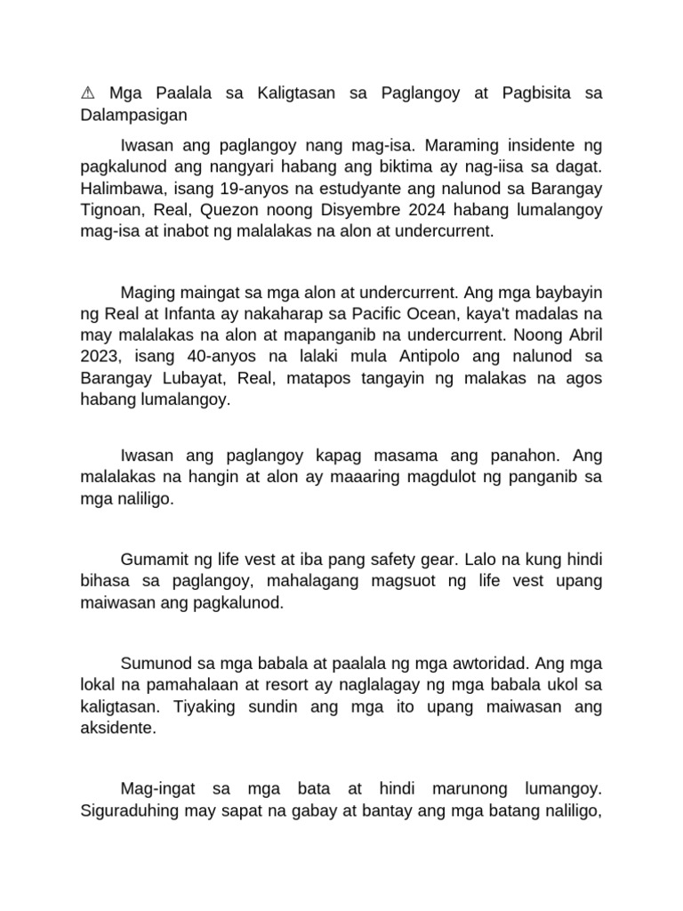 Mga Paalala Sa Kaligtasan Sa Paglangoy at Pagbisita Sa Dalampasigan | PDF