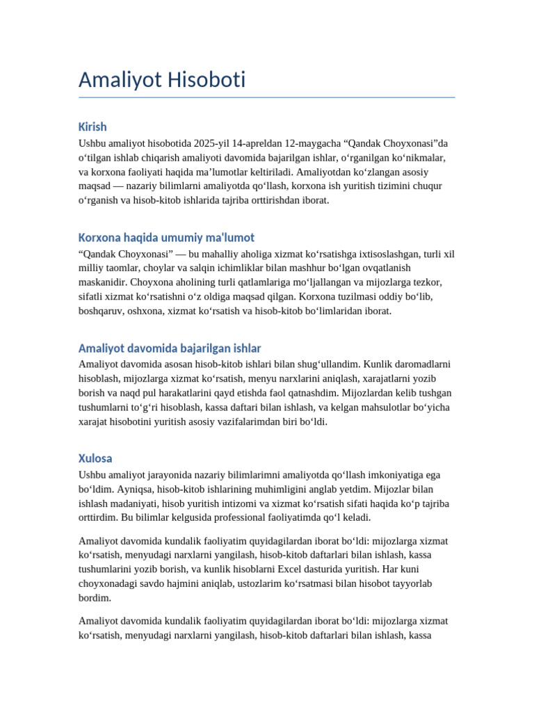 Amaliyot Hisoboti Davlatbek Qandak Choyxonasi | PDF