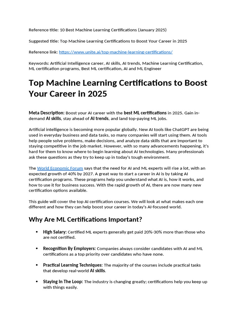 10 Best Machine Learning Certifications (January 2025) | PDF ...