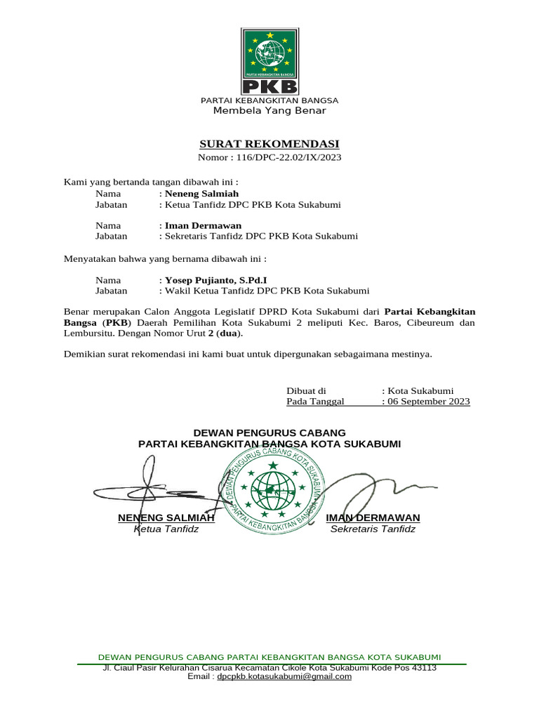 Surat Rekomendasi Calon anggota Legislatif | PDF