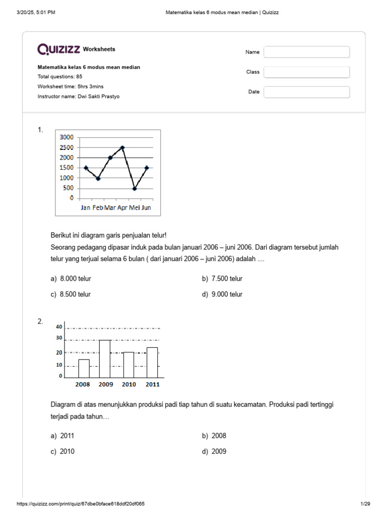 Matematika Kelas 6 Modus Mean Median - Quizizz | PDF