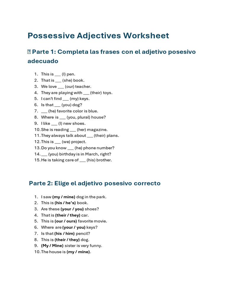 Possessive Adjectives Practice Worksheet | PDF | Linguistic Morphology