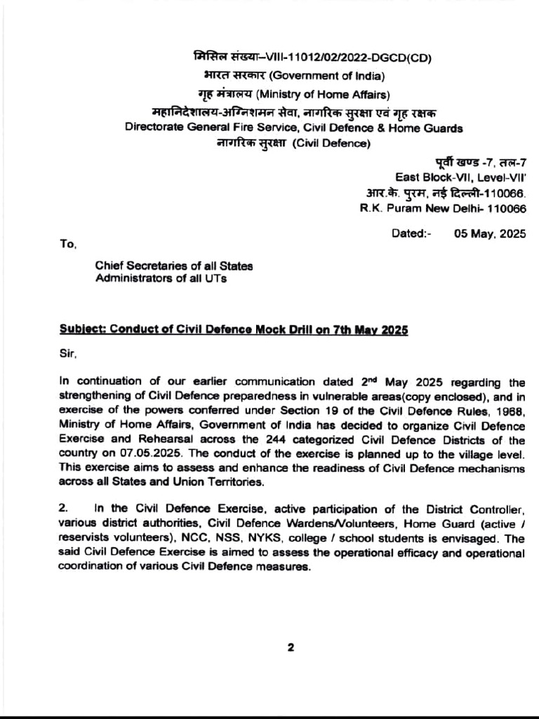 Mha Civil Defence Mock Drill Order | PDF | Civil Defense | Emergency ...