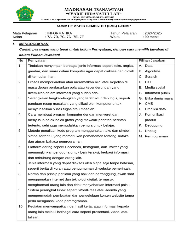 Soal Sas Genap 2024-2025 (Informatika Kelas 7) | PDF