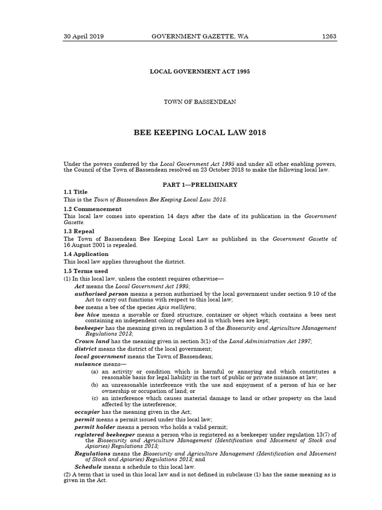 Bee Keeping Local Law 2018 | PDF | Beekeeping | Beekeeper
