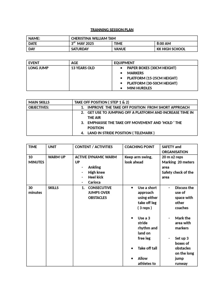Tranning Session Plan Cheristina William Tam | PDF