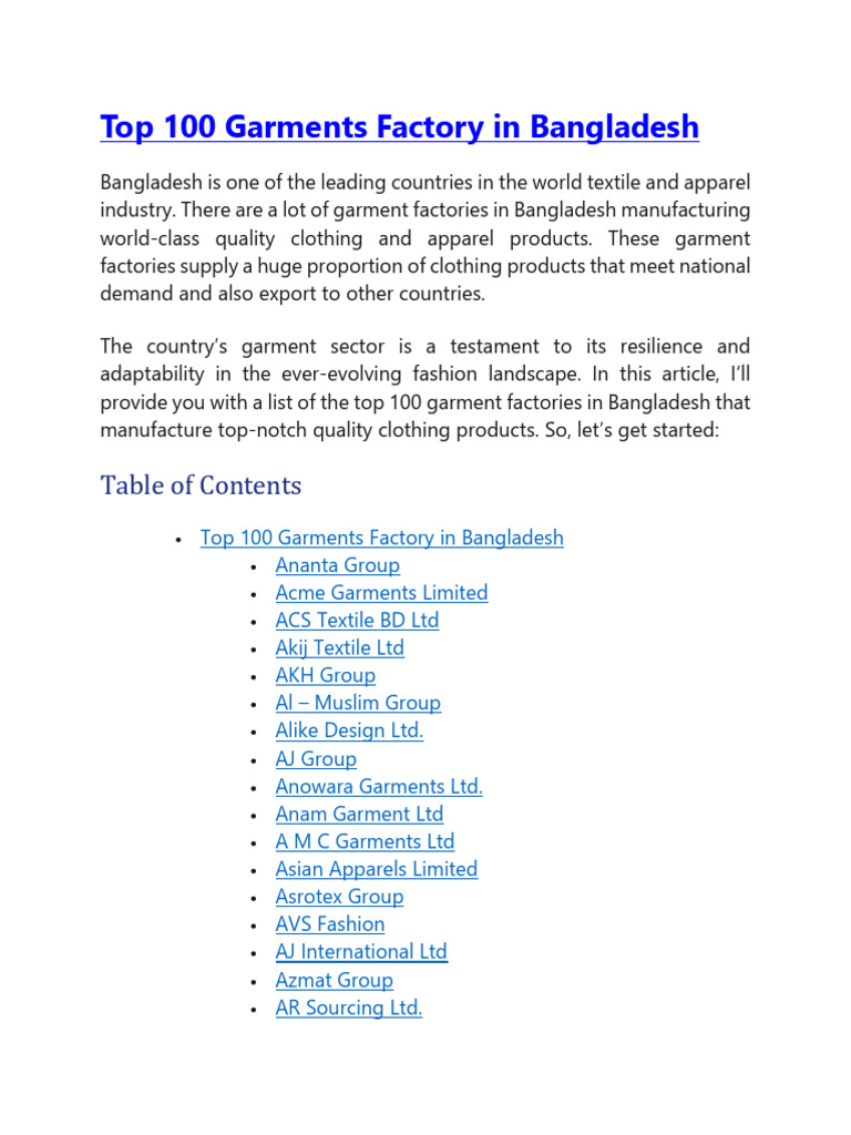 Top 100 Garments Factory in Bangladesh PDF | PDF | Secondary Sector Of ...