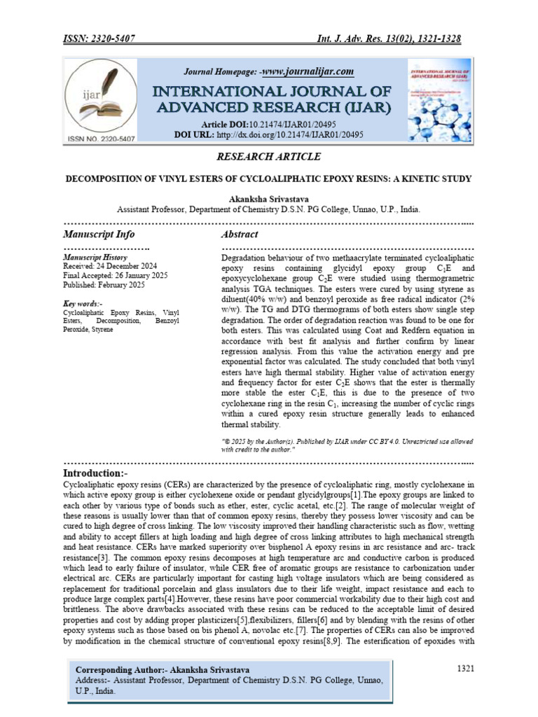 Decomposition of Vinyl Esters of Cycloaliphatic Epoxy Resins: A Kinetic ...