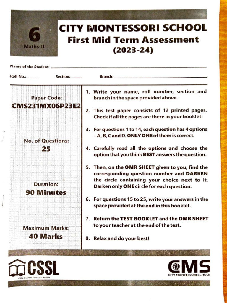 1.) C6 Maths 2 CSSL Mid Term 1 2023-24 Paper | PDF | Angle | Elementary Mathematics