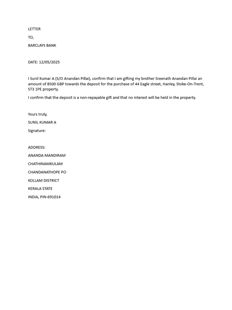 Gifted Deposit Confirmation Letter | PDF